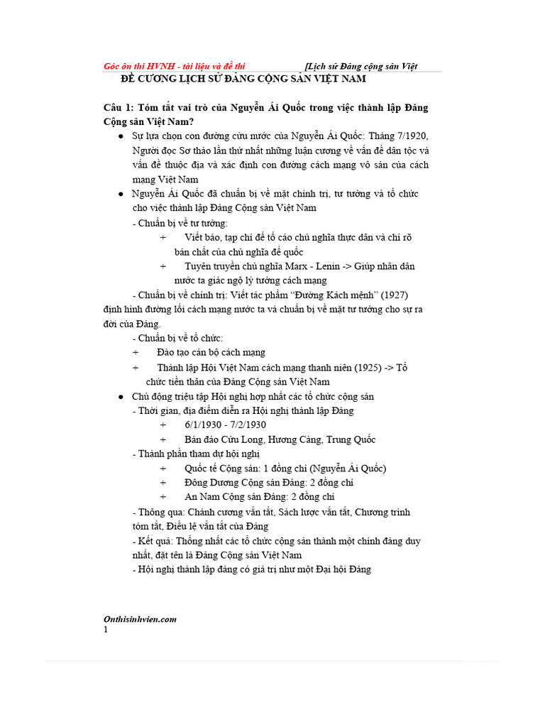 De Cuong On Tap Mon Lich Su Dang Cong San Viet Nam 77148 | PDF