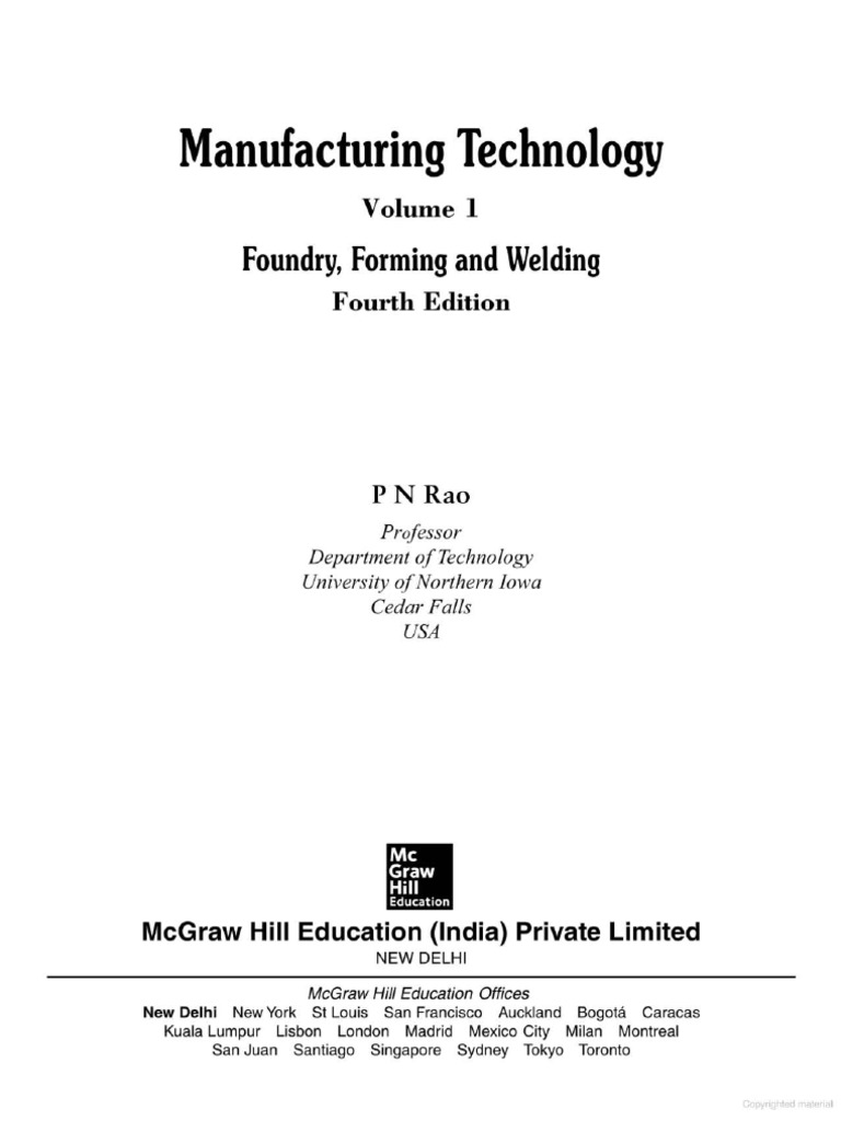 Manufacturing Technology Vol 1 by P N Rao | PDF