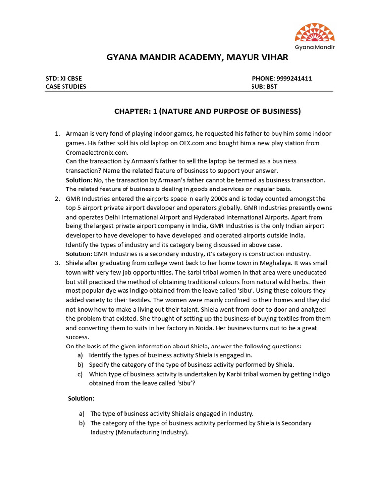 BST Class 11 Case Studies | PDF