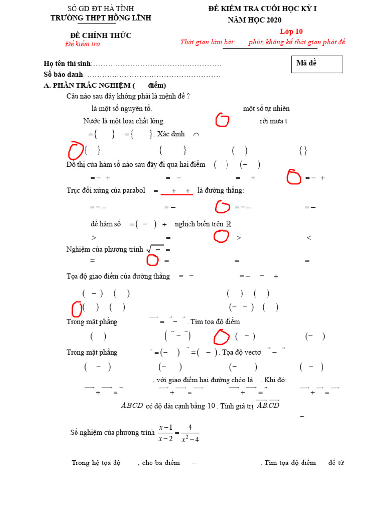 De Thi Cuoi Ky 1 Toan 10 Nam 2020 2021 Truong THPT Hong Linh Ha Tinh | PDF