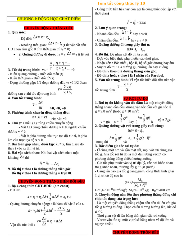 Tong Hop Cong Thuc Vat Ly Lop 10 | PDF