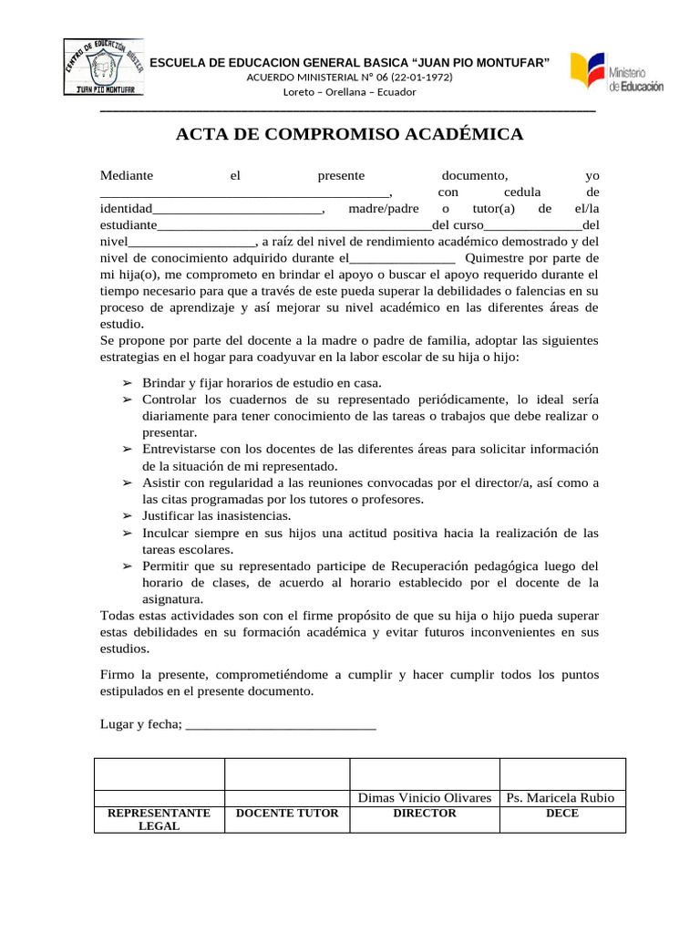 Acta de Compromiso Academica 1 Juan Pio Actual | PDF