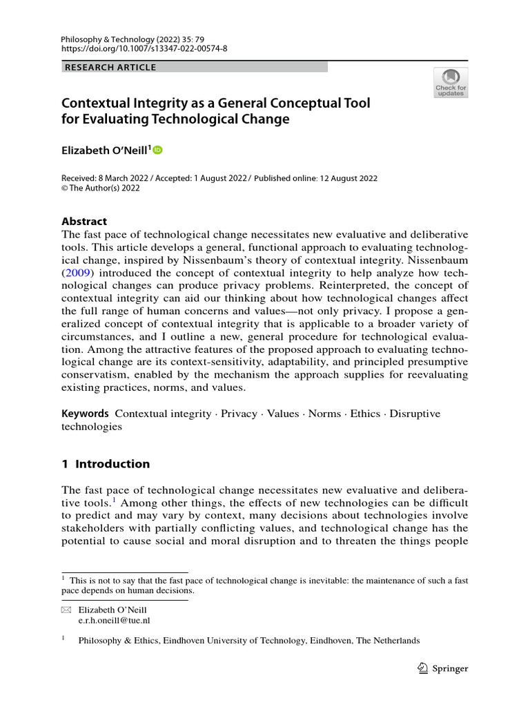 Contextual Integrity As A General Conceptual Tool For Evaluating Technological Change | PDF ...