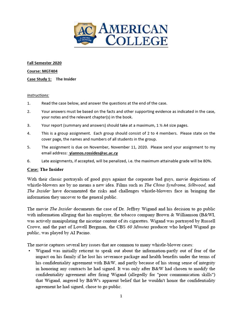 Mgt404 Case 1 The Insider Fall 2020 | PDF