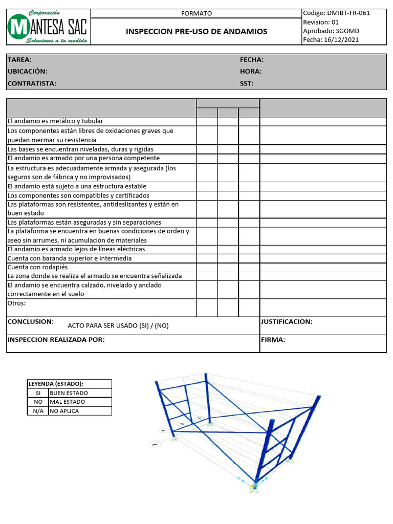 INSPECCION PRE-USO DE ANDAMIOS - Mantesa | PDF