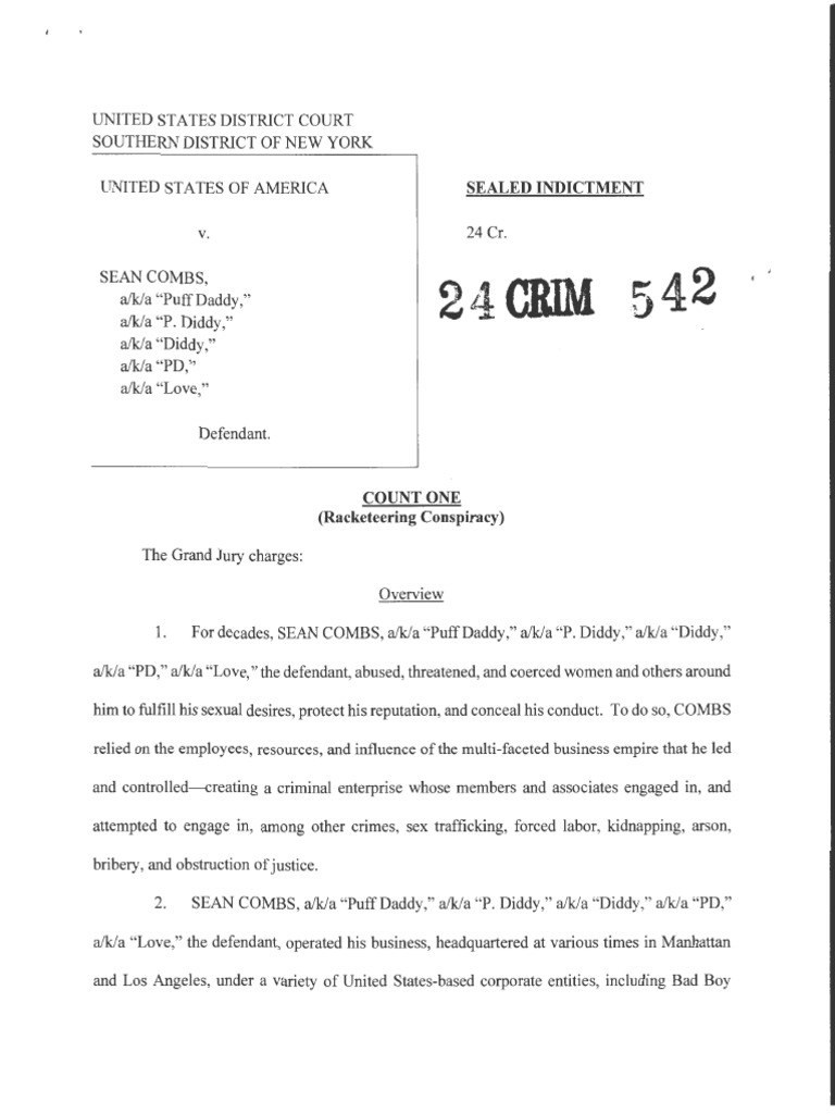 Sean Combs Indictment: Racketeering Charges | PDF | Title 18 Of The ...