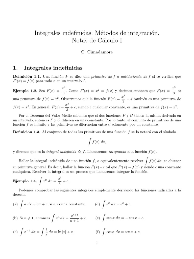 Integrales Indefinidas. M Etodos de Integraci On. Notas de C Alculo I | PDF
