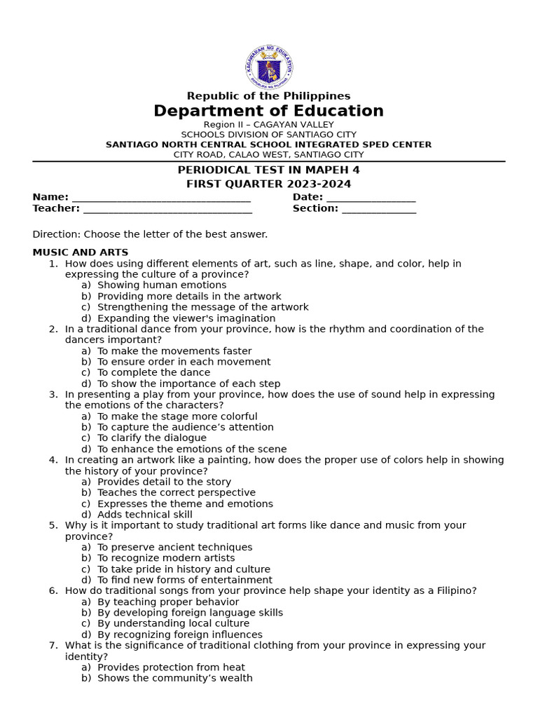 Q1 PT MAPEH - English With TOS Ans Key | PDF