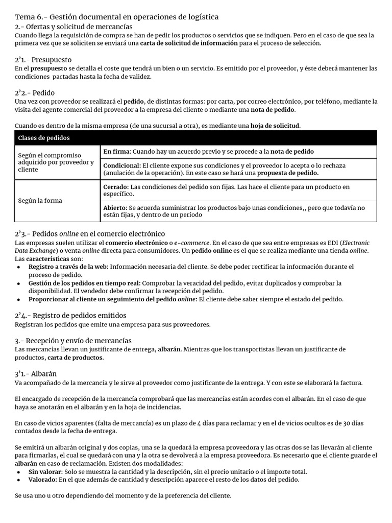 Tema 6. - Gestión Documental en Operaciones de Logística | PDF