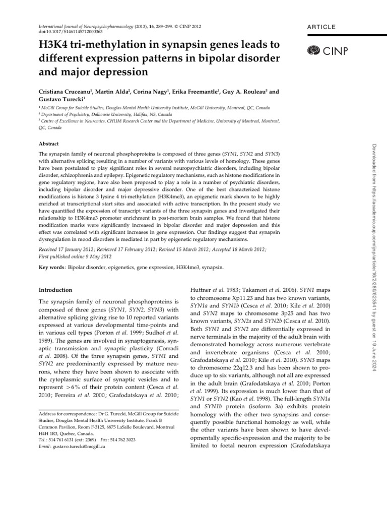 H3K4 Tri-Methylation in Synapsin Genes Leads To | PDF