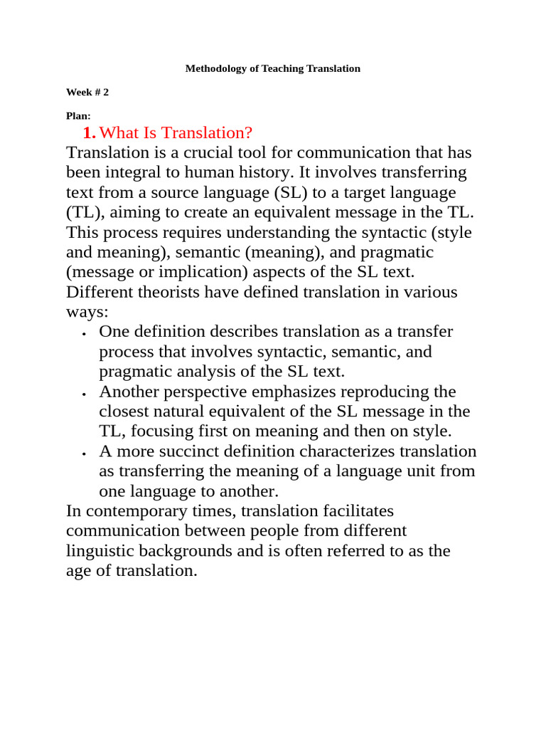 Week # 2 Methodology of Teaching Translation | PDF