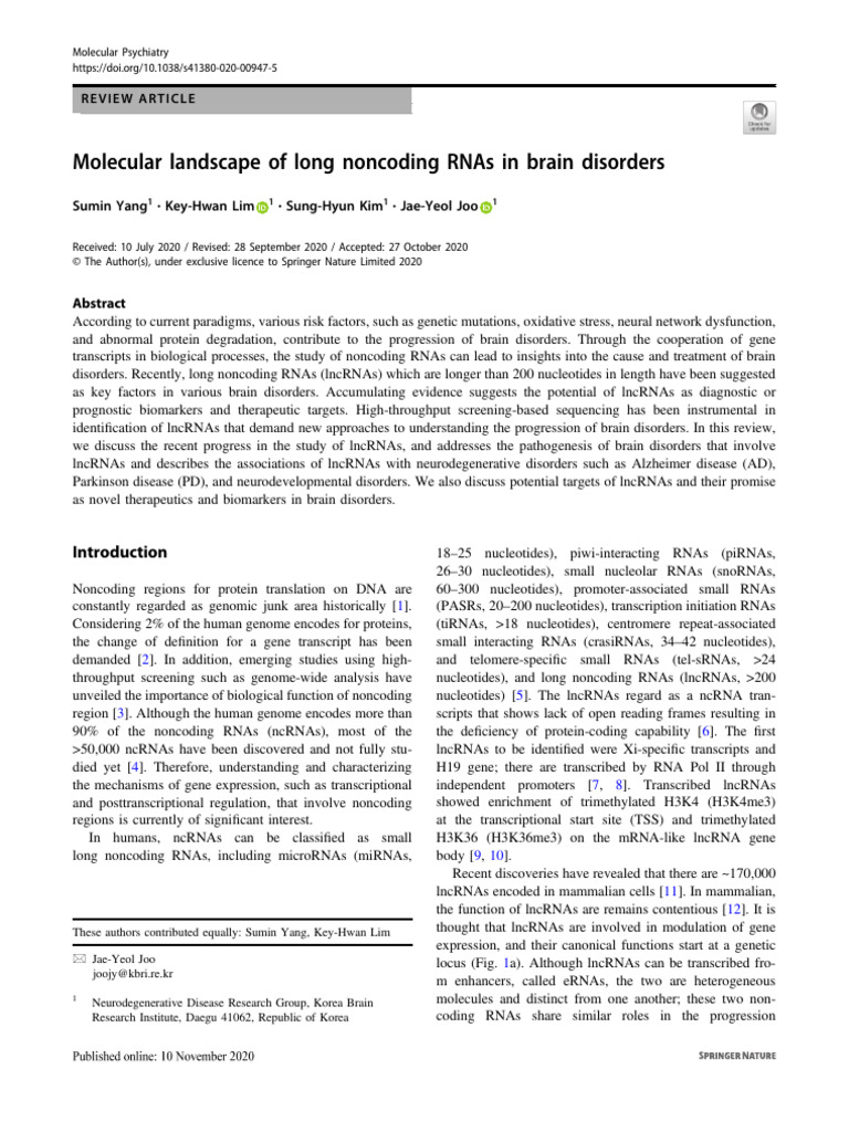 Molecular Landscape of Long Noncoding RNAs in Brain Disorders | PDF