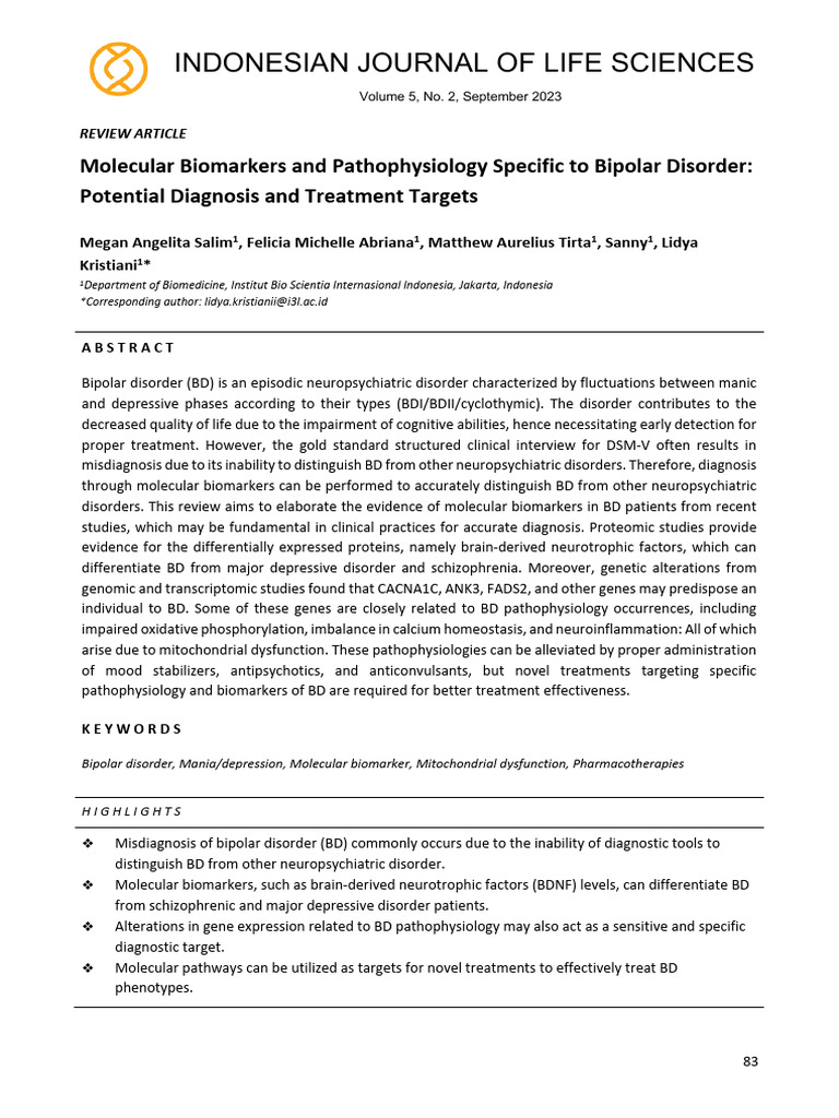 Molecular Biomarkers and Pathophysiology Specific To Bipolar Disorder Potential Diagnosis and ...