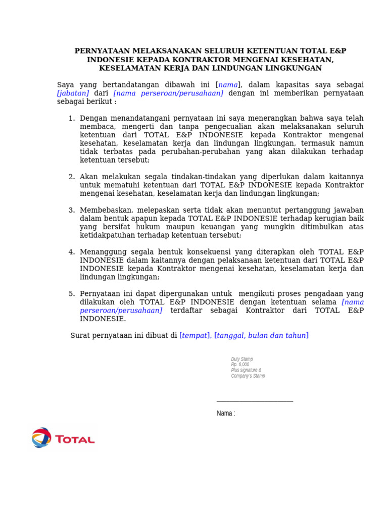HSE Statement (Pernyataan Melaksanaan Ketentuan K3LL) | PDF