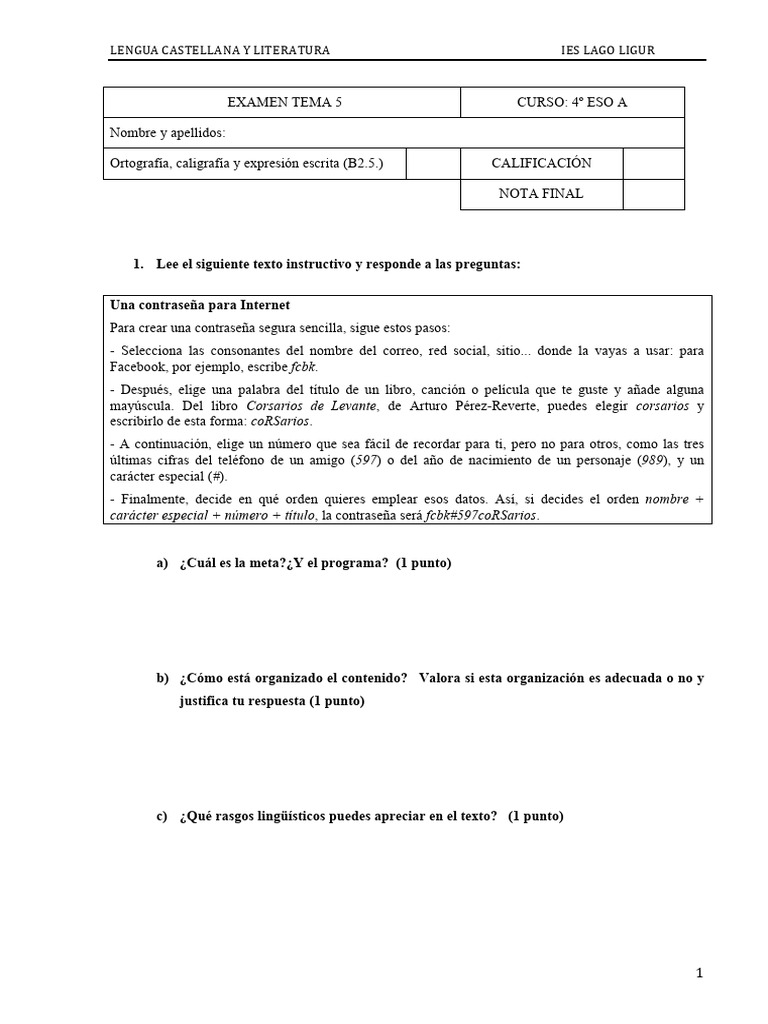 Examen Tema 5 4º A | PDF | Estudos de Línguas Estrangeiras