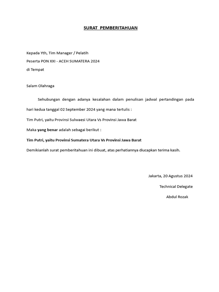 Surat Pemberitahuan Kesalahan Jadwal Pon Xxi | PDF Surat Pemberitahuan Kesalahan Jadwal Pon Xxi | PDF