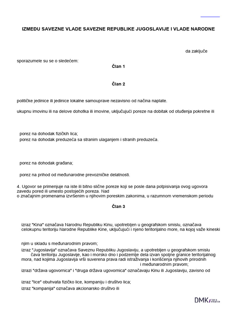 Kina-Srbija-Ugovor o Izbegavanju Dvostrukog Oporezivanja | PDF