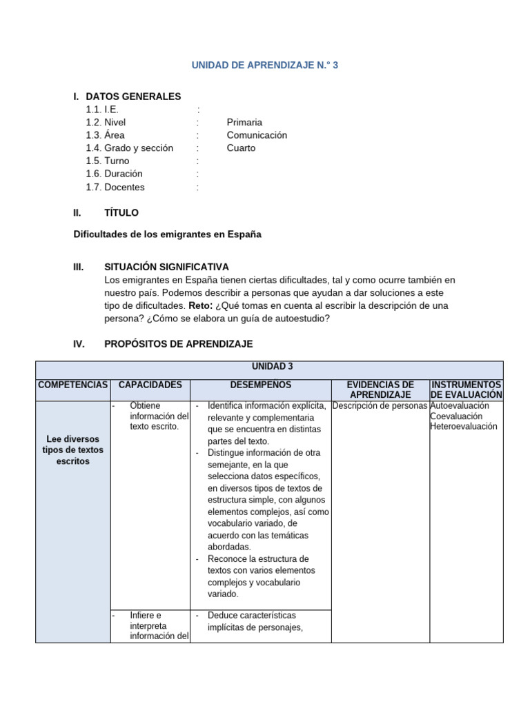UNIDAD DE APRENDIZAJE 3_CUARTO GRADO | PDF