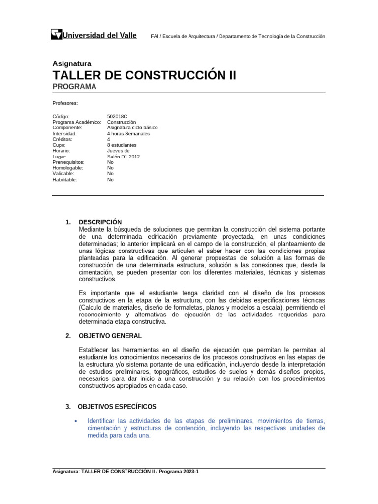 Programa Taller de Construccion II | PDF