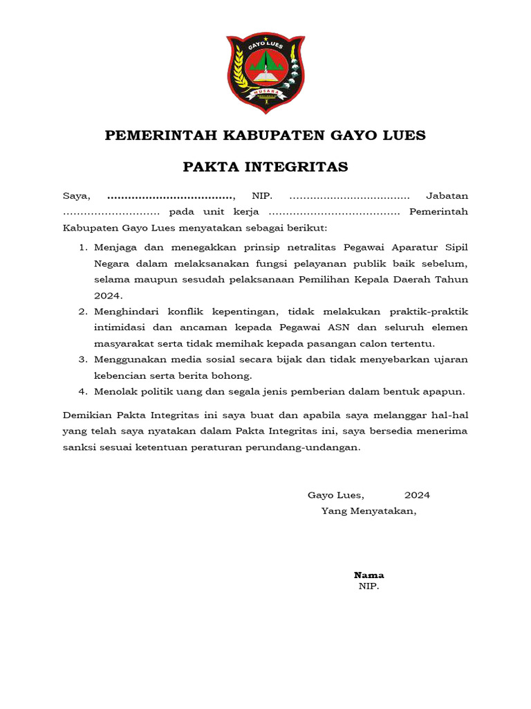 Pakta Integritas ASN | PDF