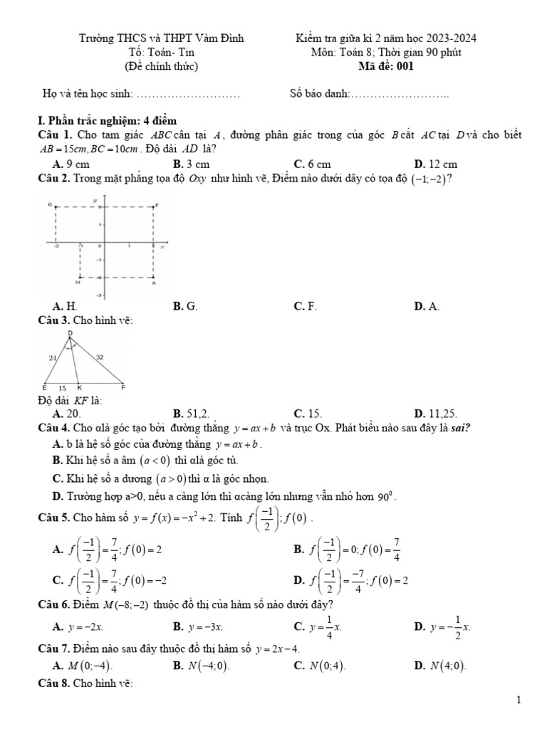 De Giua Ki 2 Toan 8 Nam 2023 2024 Truong THCSTHPT Vam Dinh CA Mau | PDF