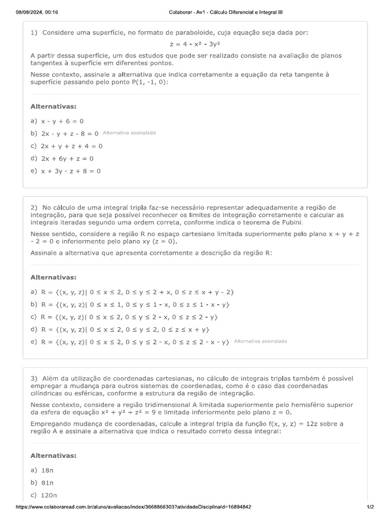 Av1 Cálculo 3 (2024 Semestre 2) | PDF
