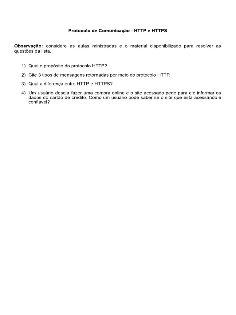 Lista 03 - Protocolo de Comunicacao - HTTP e HTTPS | PDF