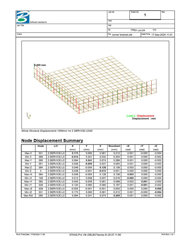 Node Displacement Summary: Job No Sheet No Rev | PDF
