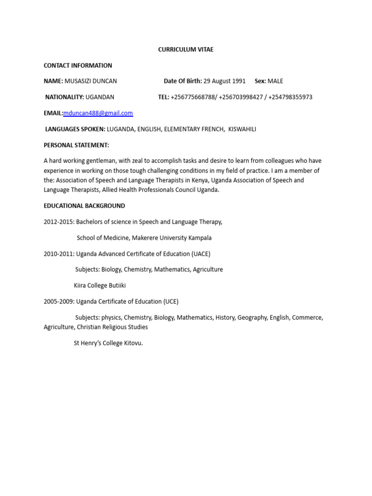 Duncan Musasizi CV | PDF