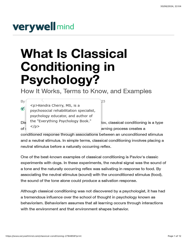 Classical Conditioning Brief Explanation-Behaviorism | PDF