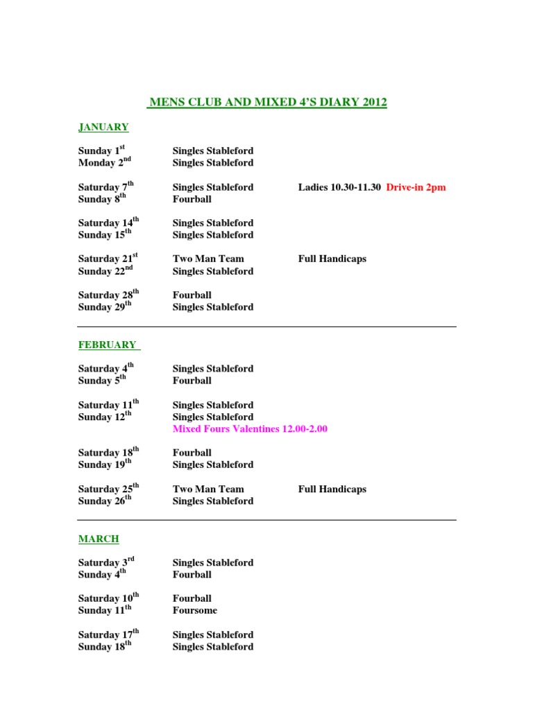 2012 Men's Club & Mixed 4's Schedule | PDF | Ball Games | Team Sports