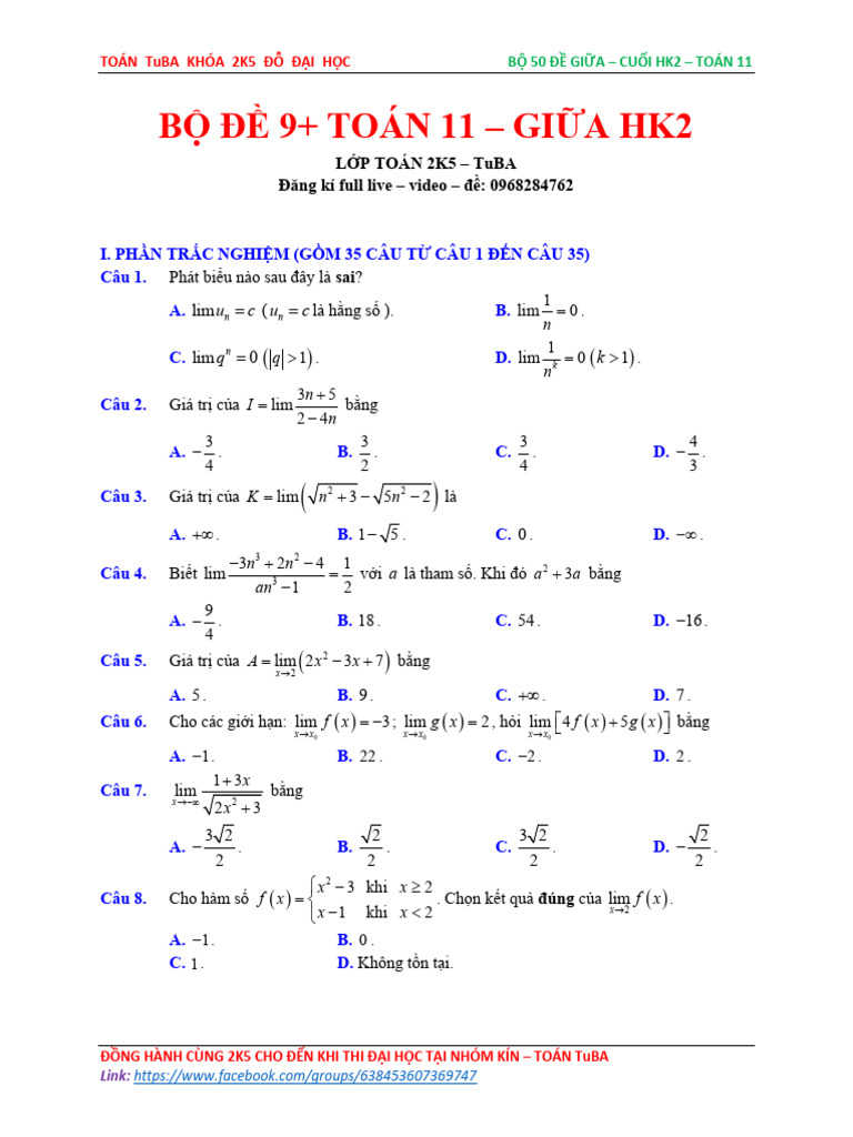 Đề 1 - Đề Giữa HK2 Toán 11 Có Đáp Án Live Chữa | PDF