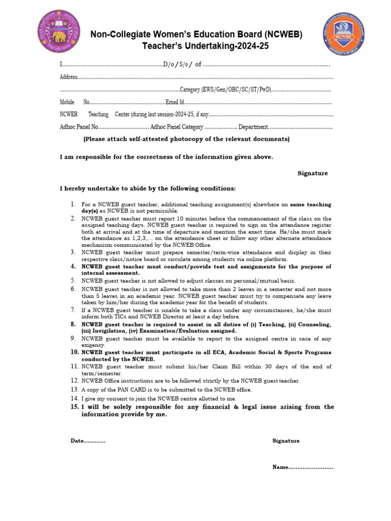 TEACHER UNDERTAKING 2024-25 | PDF