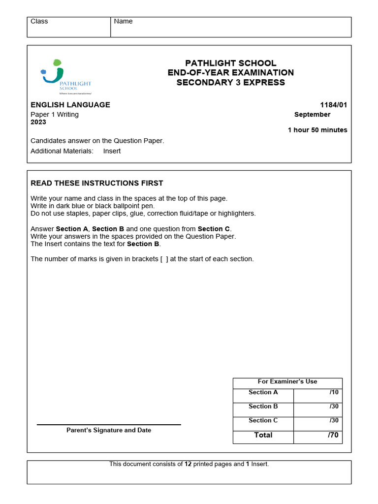 Pathlight 3E EOY 2023 Paper 1 Edit | PDF