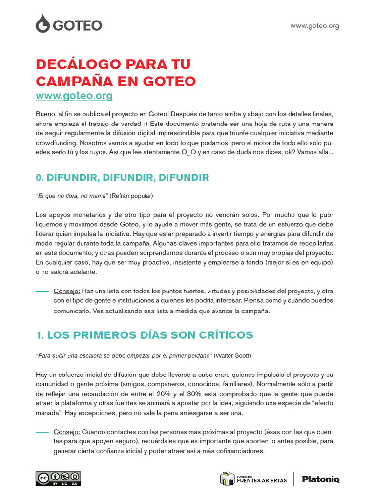Decalogo GOTEO para Una Campana de Crowdfunding | PDF