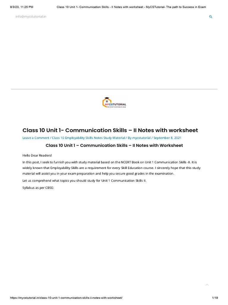 Class 10 Unit 1 - Communication Skills - II Notes With Worksheet ...