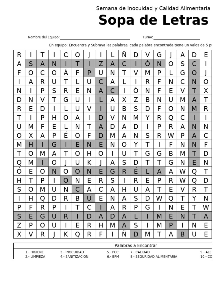 SOPA DE LETRAS SEMANA DE INOCUIDAD | PDF