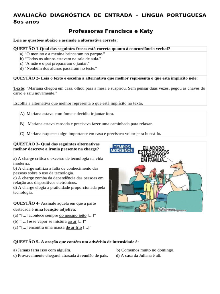 Língua Portuguesa 8os Anos - Avaliação Diagnóstica | PDF