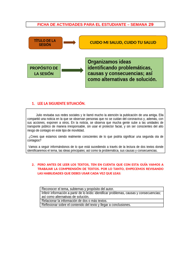 FICHA DE ACTIVIDADES PARA EL ESTUDIANTE - Semana 29 | PDF