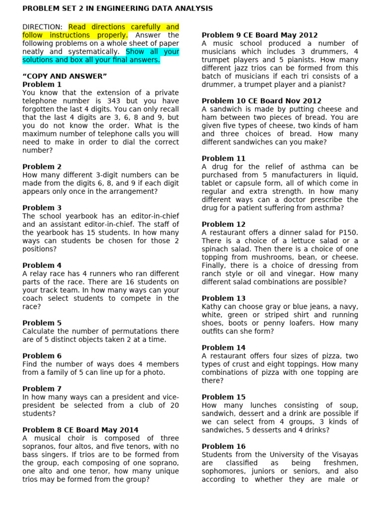 PROBLEM-SET-2-IN-ENGINEERING-DATA-ANALYSIS | PDF