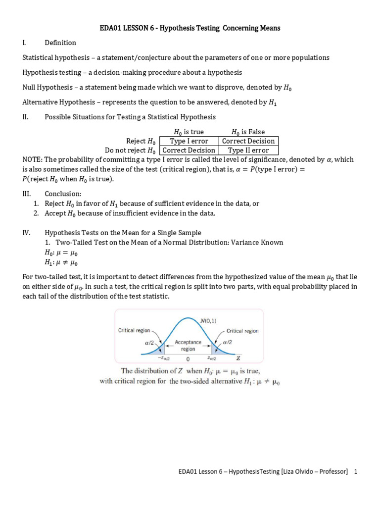 Lesson6 HypothesisTesting AY23!24!2 | PDF