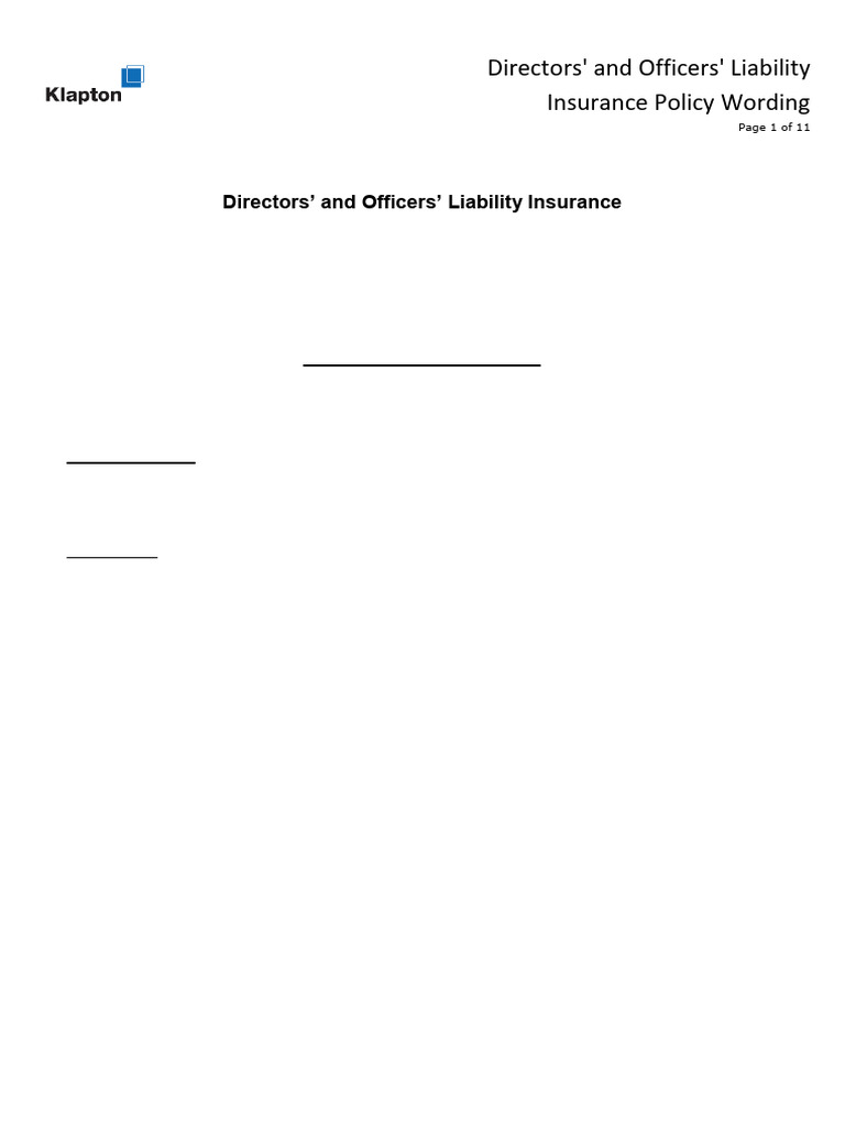 Directors and Officers Policy Wording | PDF