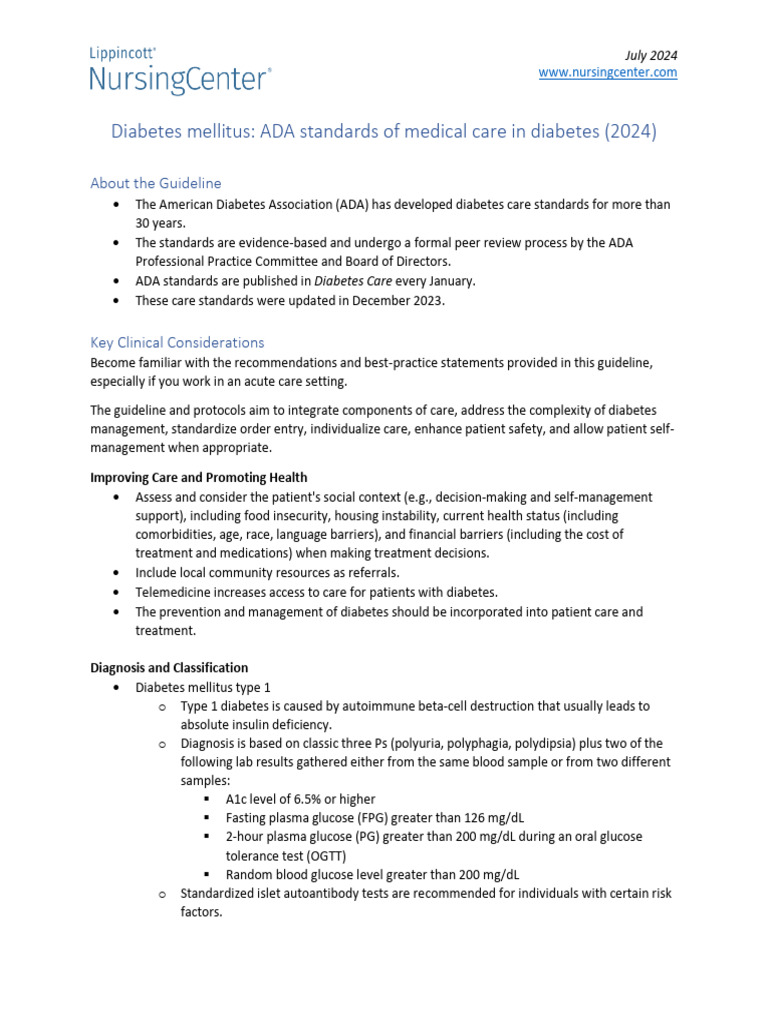 Guideline Summary Diabetes Mellitus ADA Standards 2024 | PDF