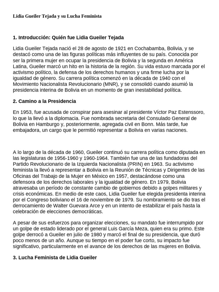 Lidia Gueiler Tejada y Su Lucha Feminista | PDF