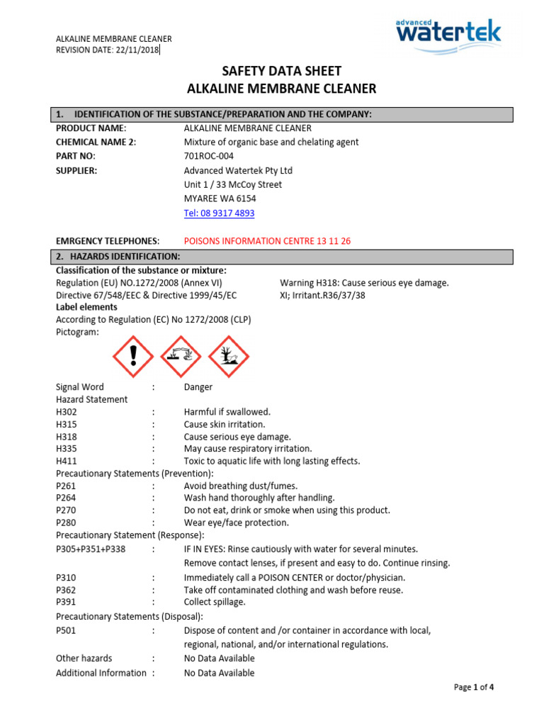 701ROC-004 Alkaline Membrane Cleaner Sds | PDF
