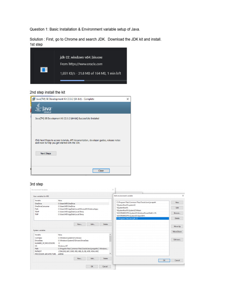 Question 1 - Basic Installation & Environment Variable Setup of Java | PDF