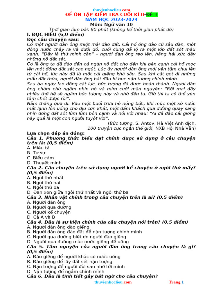 Bo de On Tap HK2 Ngu Van 10 KNTT 23 24 | PDF