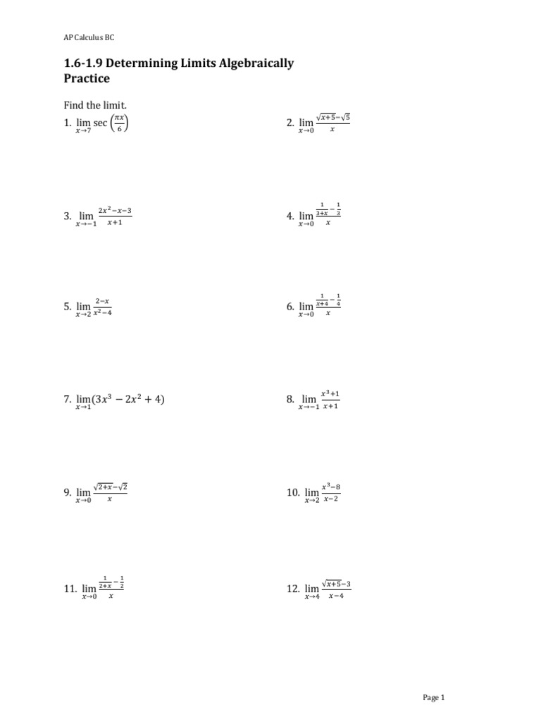 1.6-1.9 Determining Limits Practice | PDF