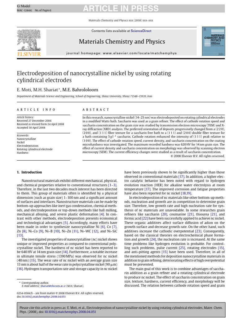 Materials Chemistry and Physics: Electrodeposition of Nanocrystalline Nickel by Using Rotating ...