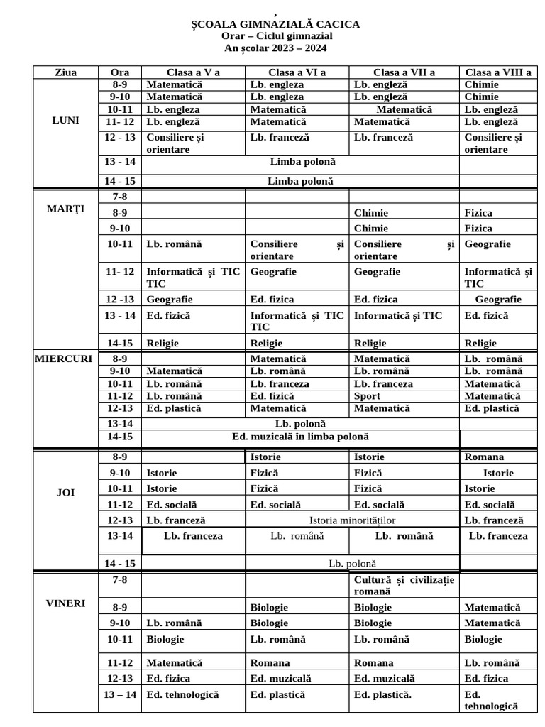 Orar 2024 2025 Varianta 4 | PDF